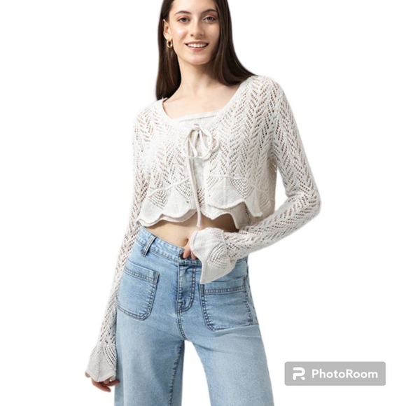 Frye | Sweaters | Frye Womens Pointelle Tie Long Sleeve Crop Knit Cardigan Ivory Sweater | Poshmark